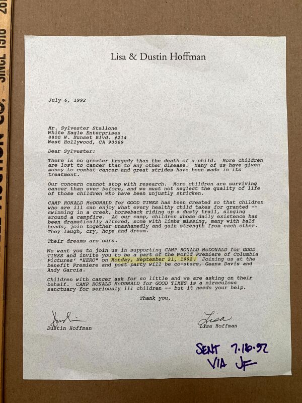 Dustin Hoffman Correspondence – Sylvester Stallone (1992) 9×13 US ...